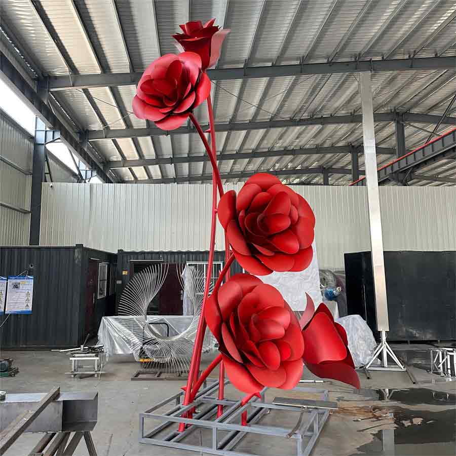 Large blooming red metal rose sculpture series - MetalLand Scape